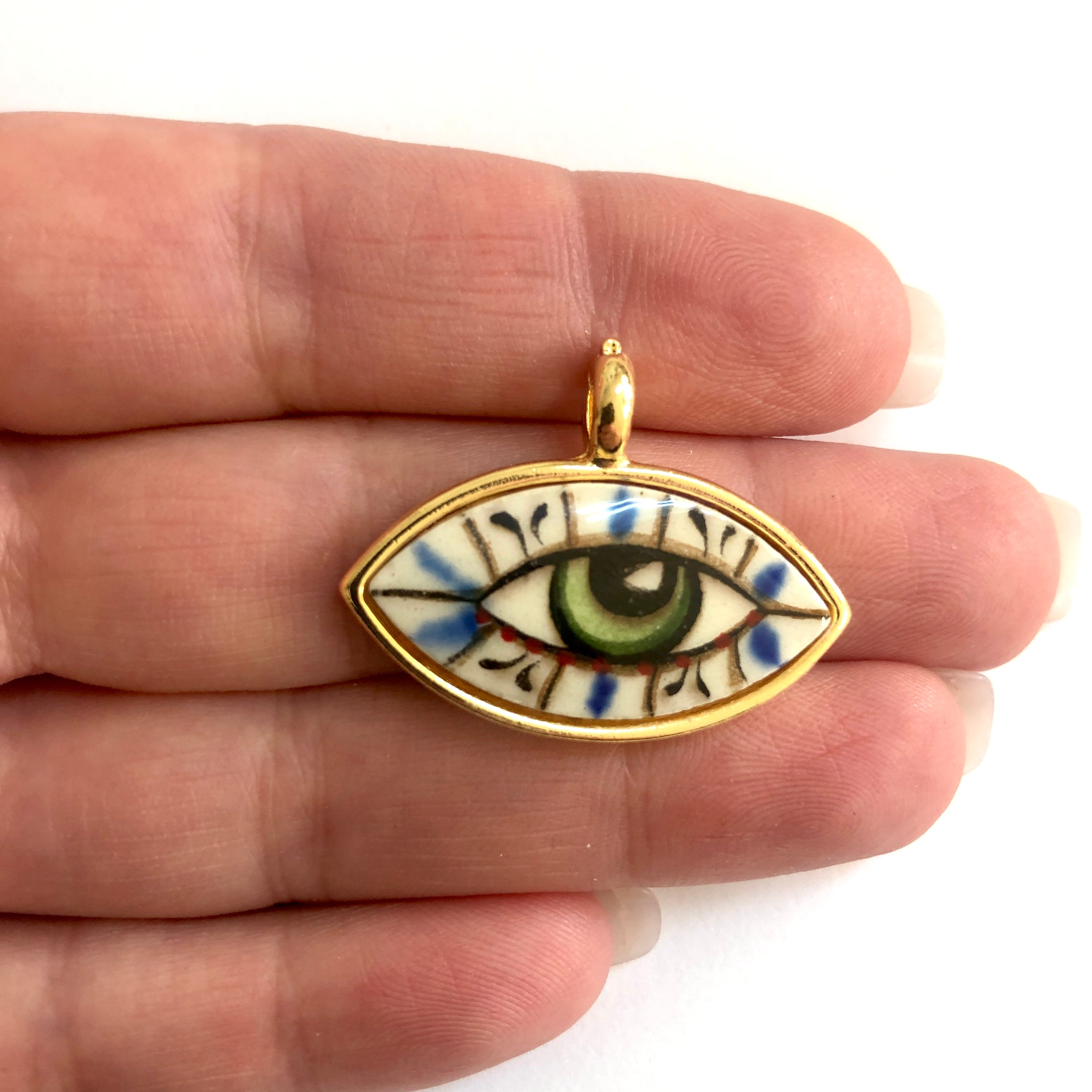 Gold Plated Framed Hand Painted Ceramic Eye Pendant-5 – PetekBoncuk