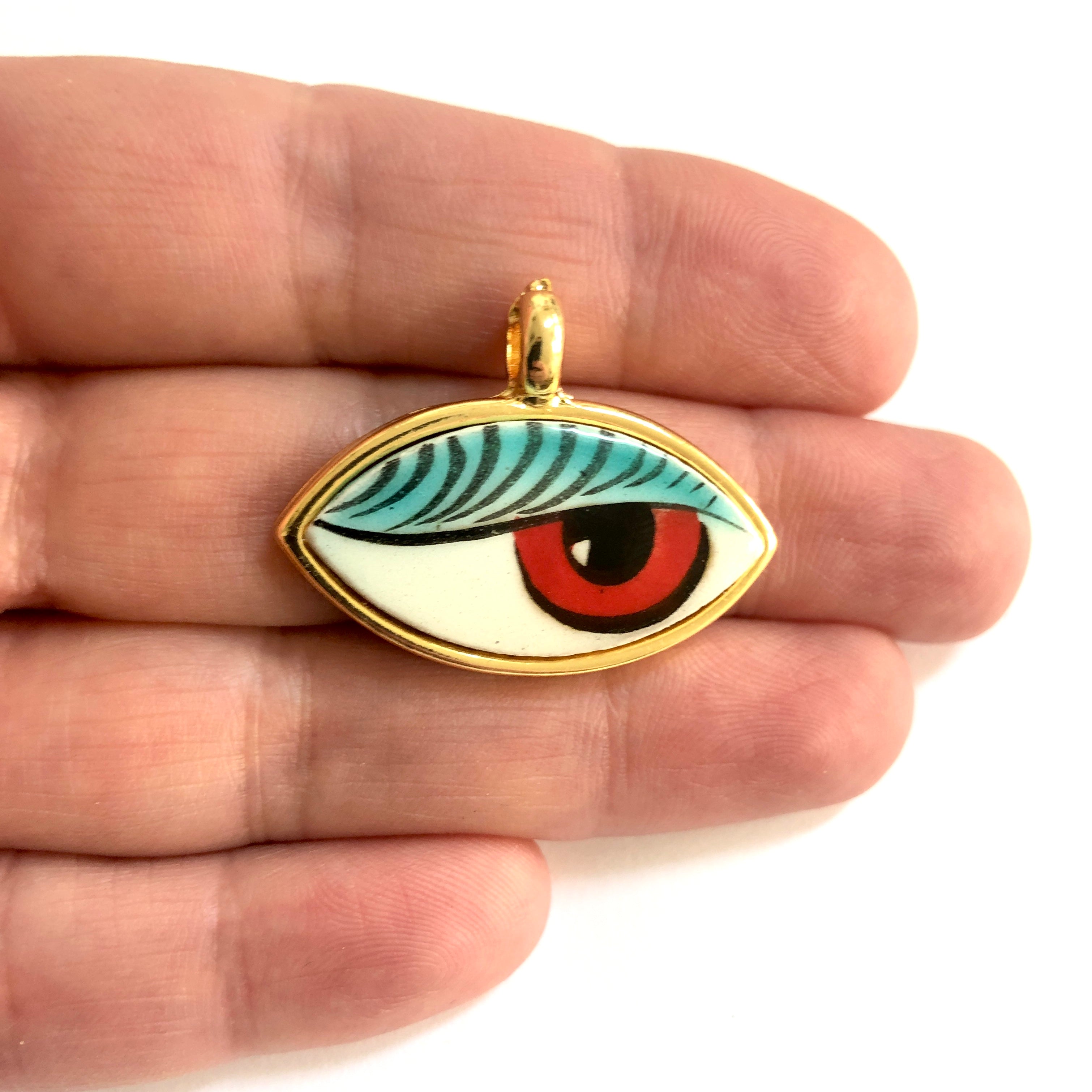 Gold Plated Framed Hand Painted Ceramic Eye Pendant-5 – PetekBoncuk